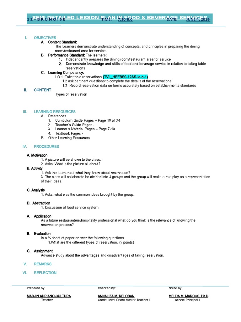 Semi Detailed Lesson Plan in Food & Beverage Services: 12-Brunoise ...