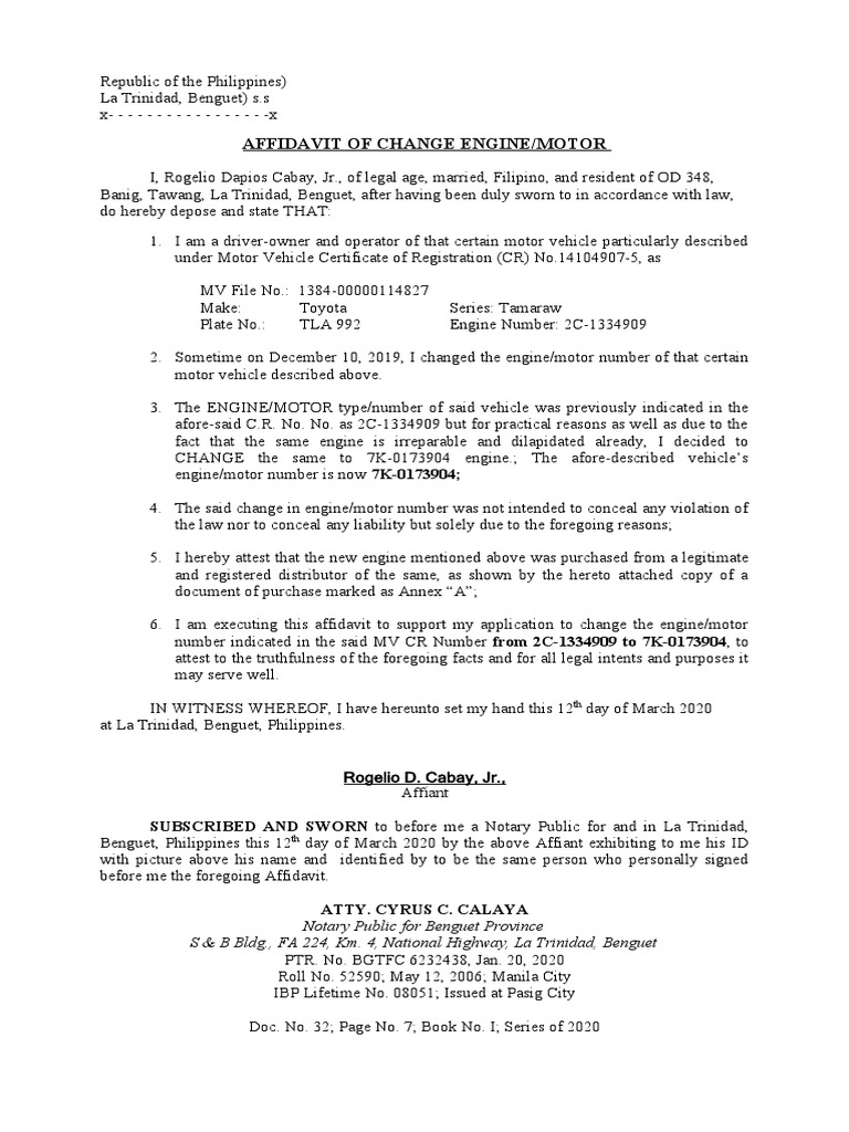 Affidavit of Change Engine - Cabay.3.2020 | PDF | Affidavit | Vehicles