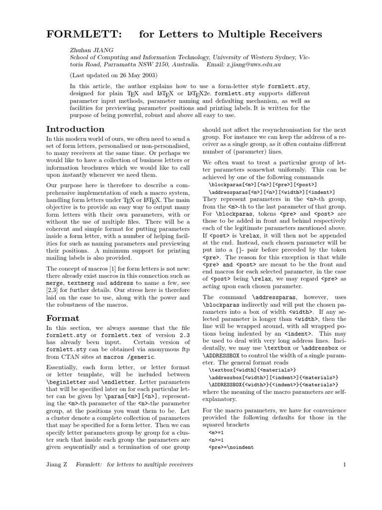 Formlett: For Letters To Multiple Receivers | PDF | Te X | Parameter (Computer Programming)