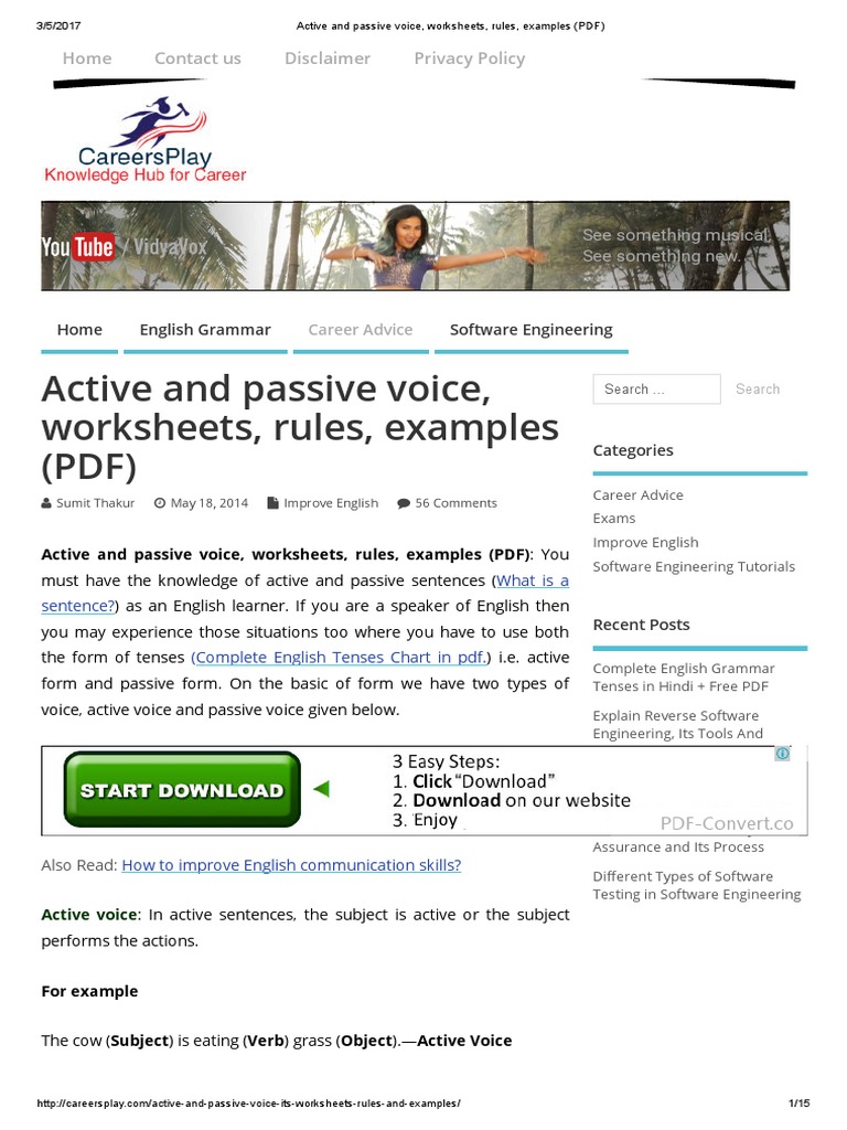 Active and Passive Voice, Worksheets, Rules, Examples (PDF ...
