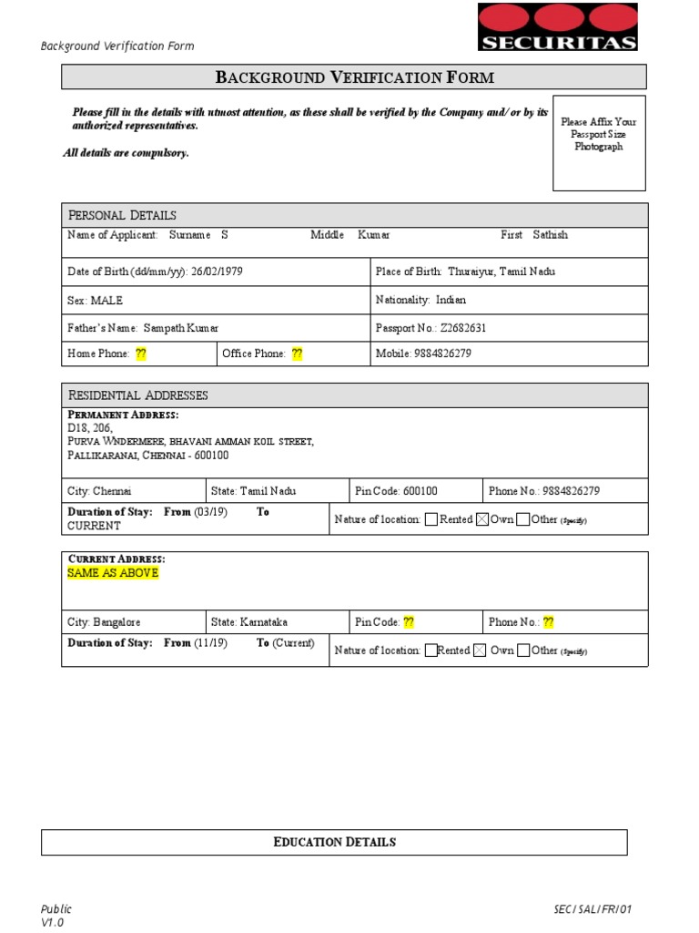 Securitas India Background Verification Form | PDF | Business | Employment