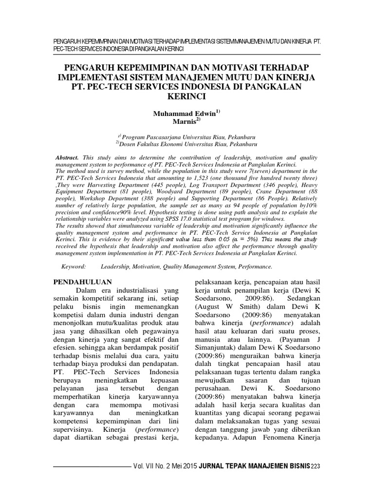 Pengaruh Kepemimpinan Dan Motivasi Terhadap Implementasi Sistem ...