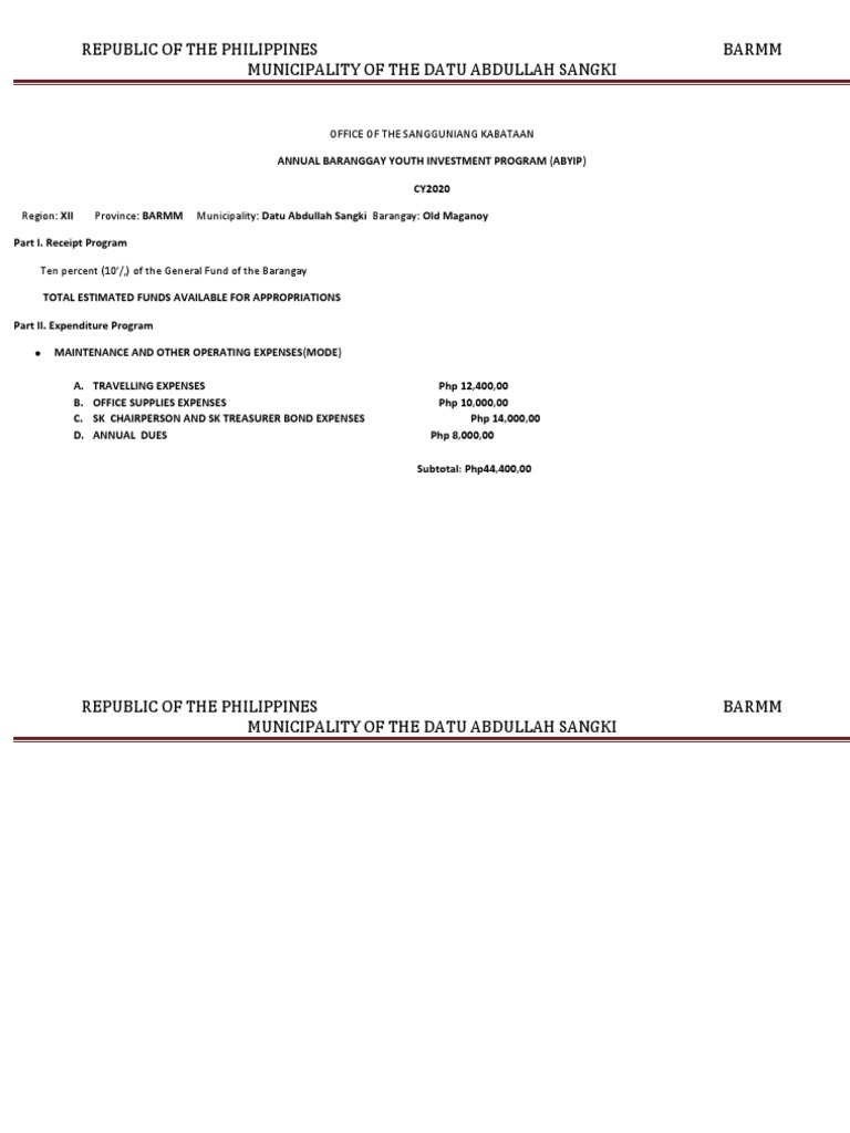 Republic of The Philippines Barmm Municipality of The Datu Abdullah ...