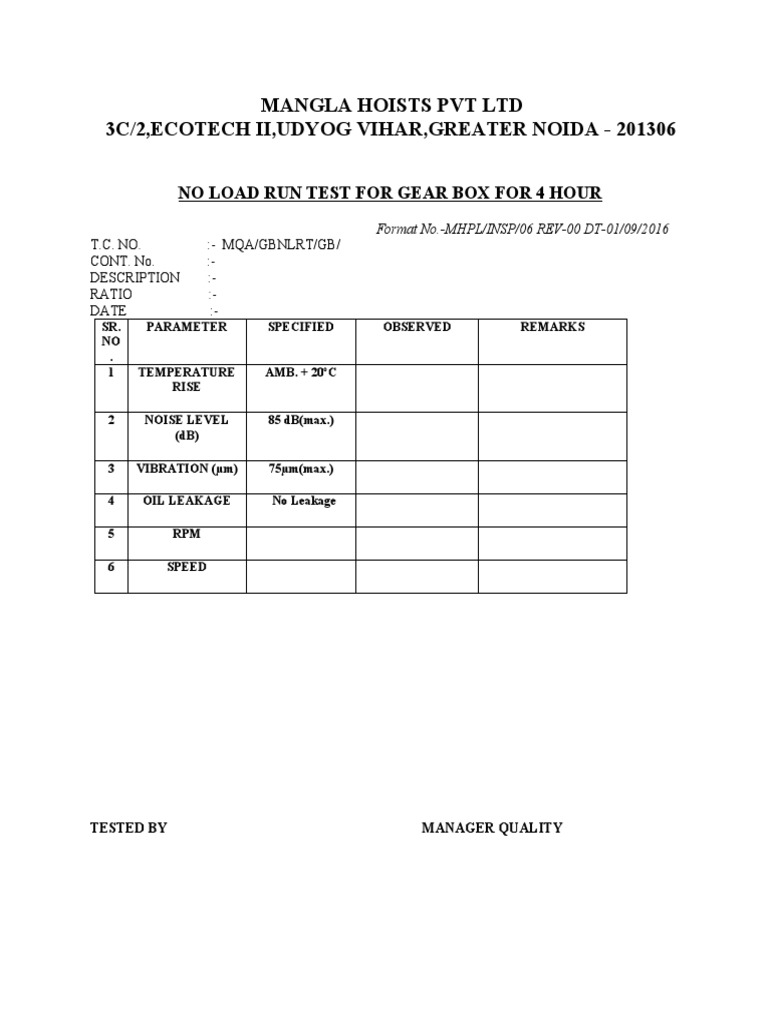 Gear Box No Load Run Test Report