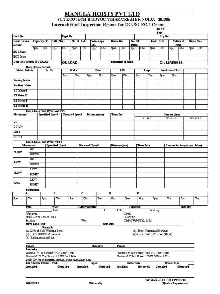 Mangla Hoists PVT LTD: Internal/Final Inspection Report For DG/SG EOT ...