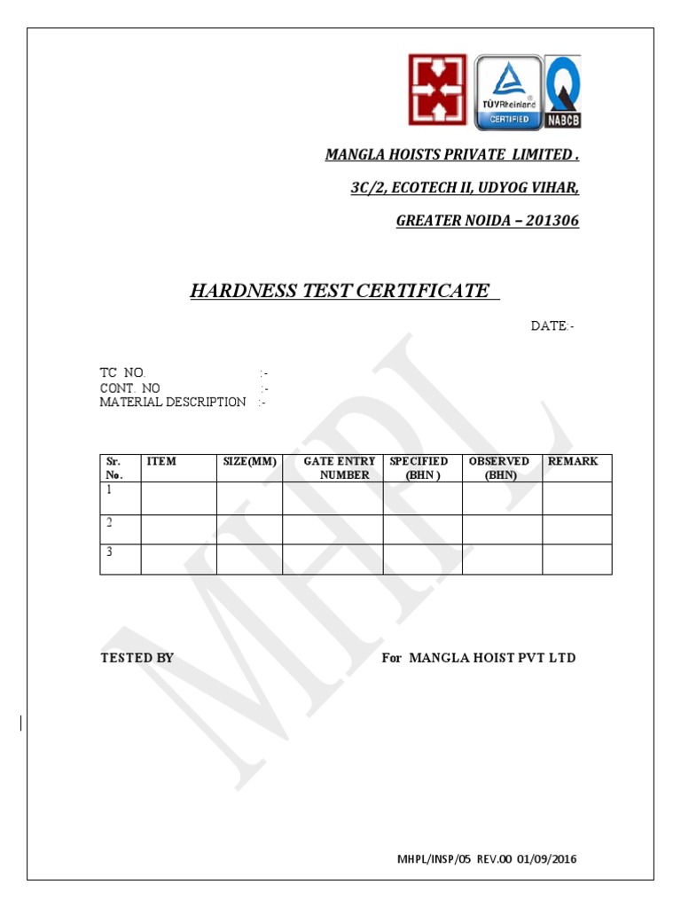 Hardness Test Certificate: Mangla Hoists Private Limited - 3C/2 ...