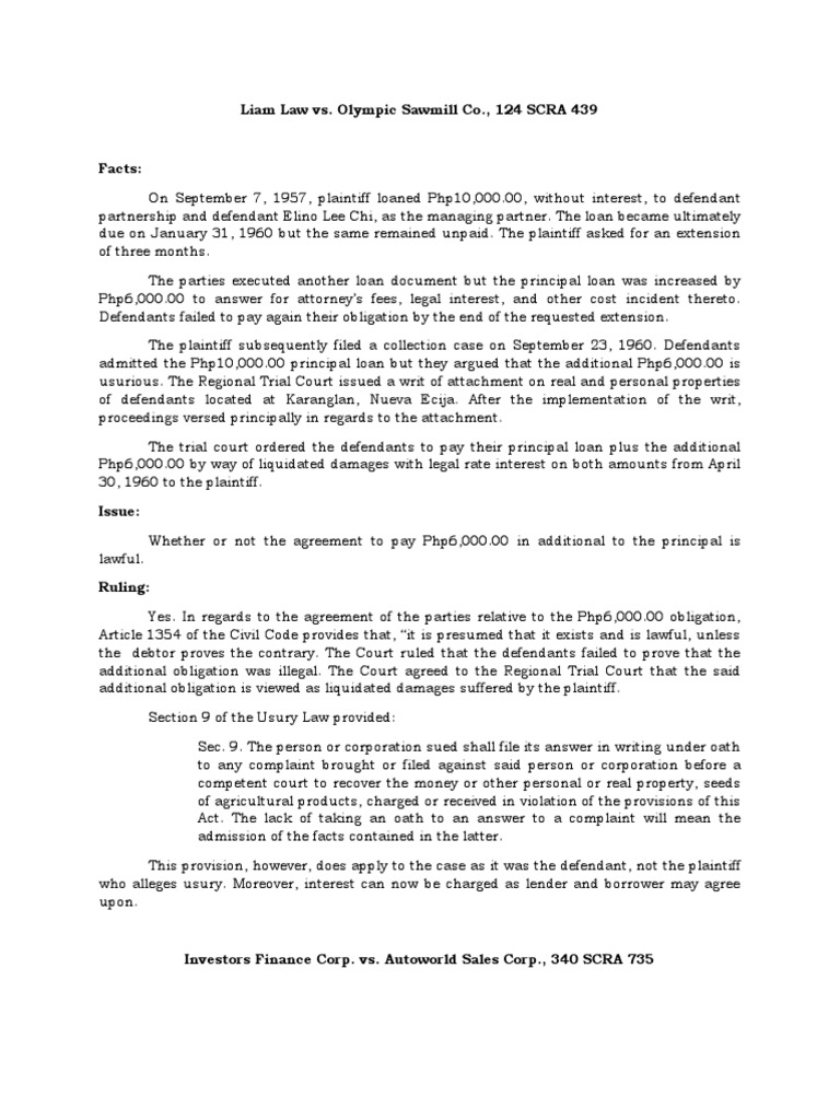 Liam Law vs. Olympic Sawmill Co., 124 SCRA 439 | PDF | Usury | Loans