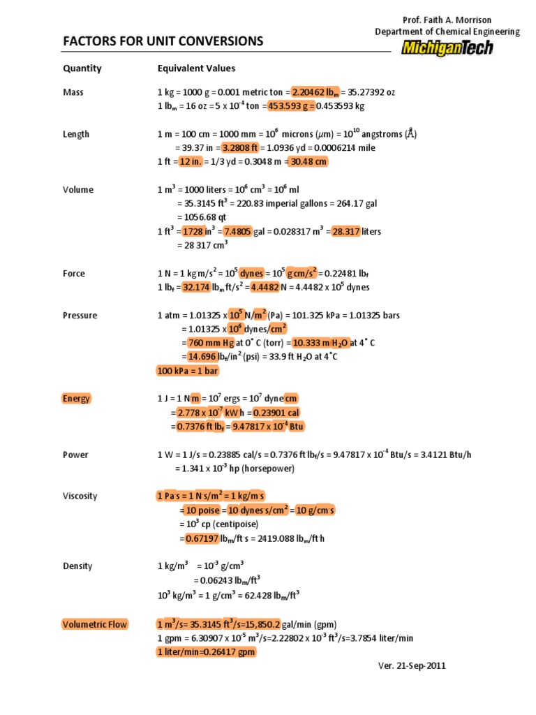 Factors For Unit Conversions: Quantity Equivalent Values | PDF ...