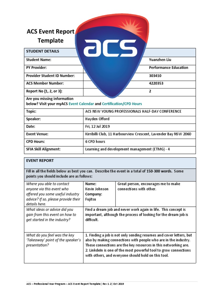 ACS Event Report Template: Student Details | PDF | Educational ...