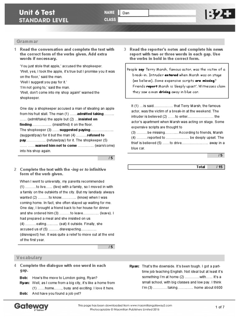B2+ UNIT 6 Test Standard | PDF | Squatting