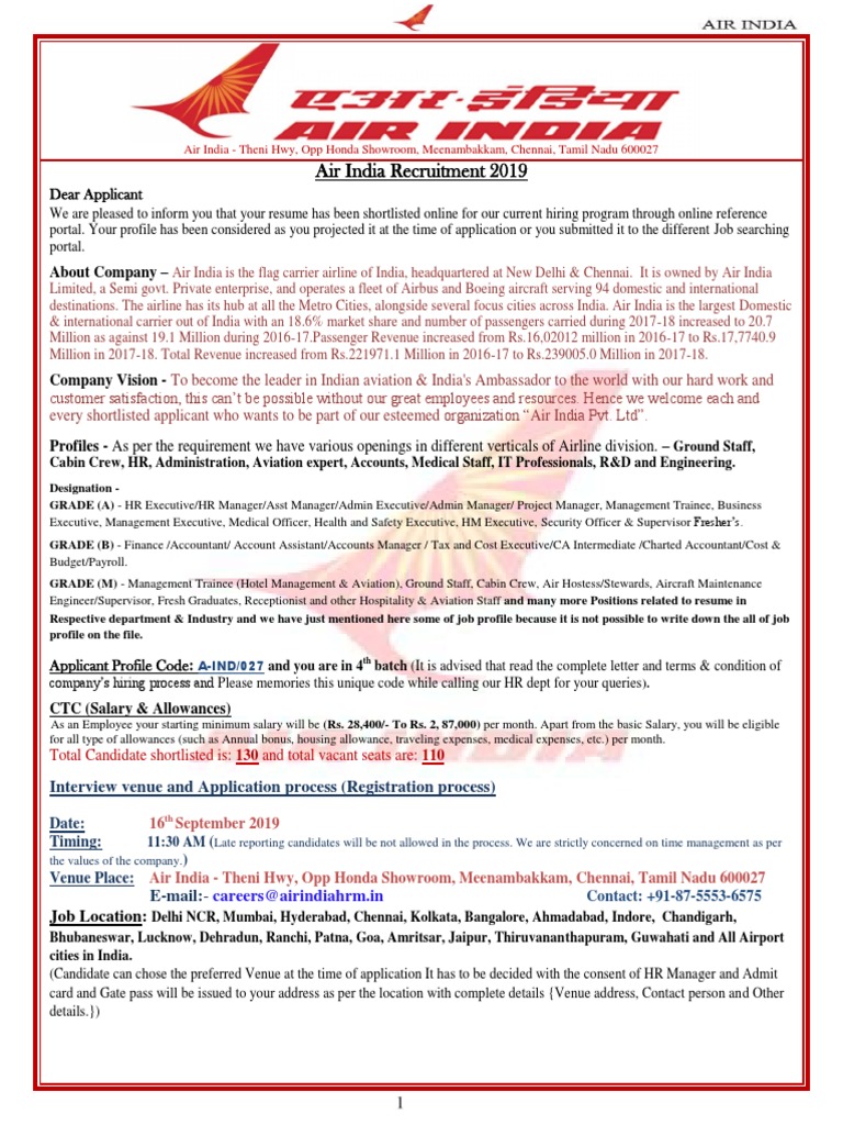 Air India - Interview Invitation Letter | PDF | Airlines | Employment