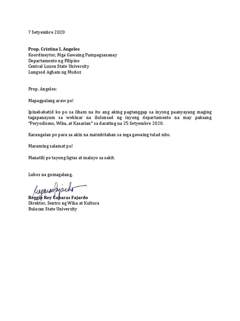 Liham Pagtanggap - CLSU PDF | PDF