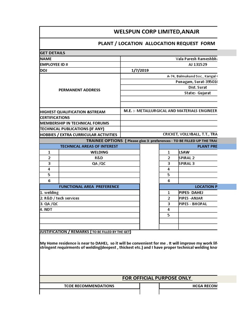 Welspun Corp Limited, Anajr: Plant / Location Allocation Request Form ...
