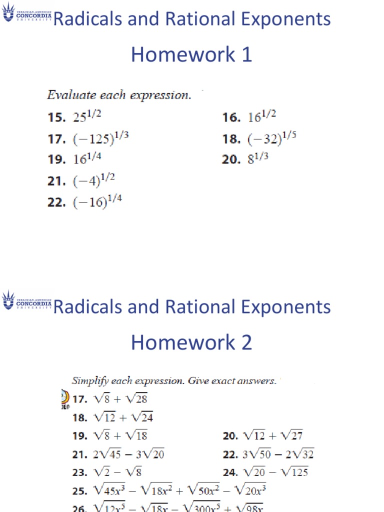 Radicals and Rational Exponents: Homework 1 | PDF
