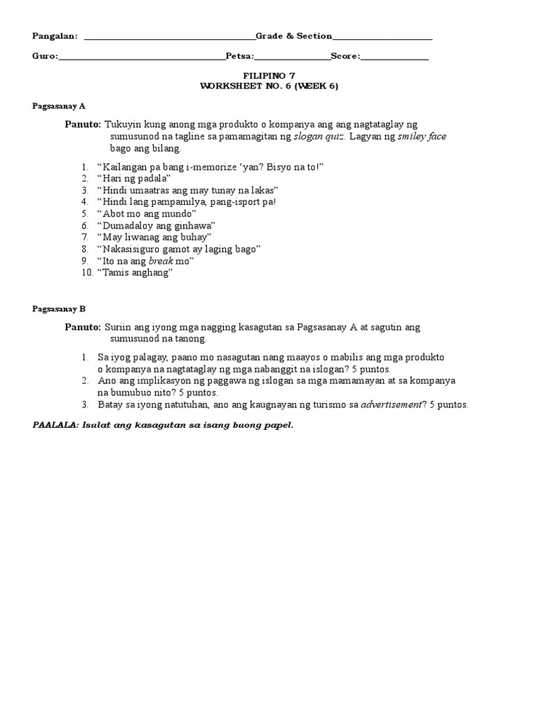 Fil 7 - Worksheet Q1 W6 | PDF