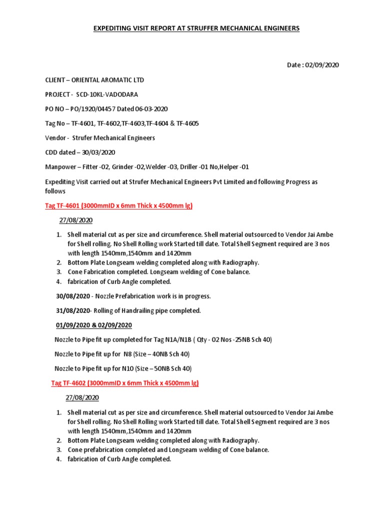 Expediting Visit Report-02.09.2020 PDF | PDF | Pipe (Fluid Conveyance ...