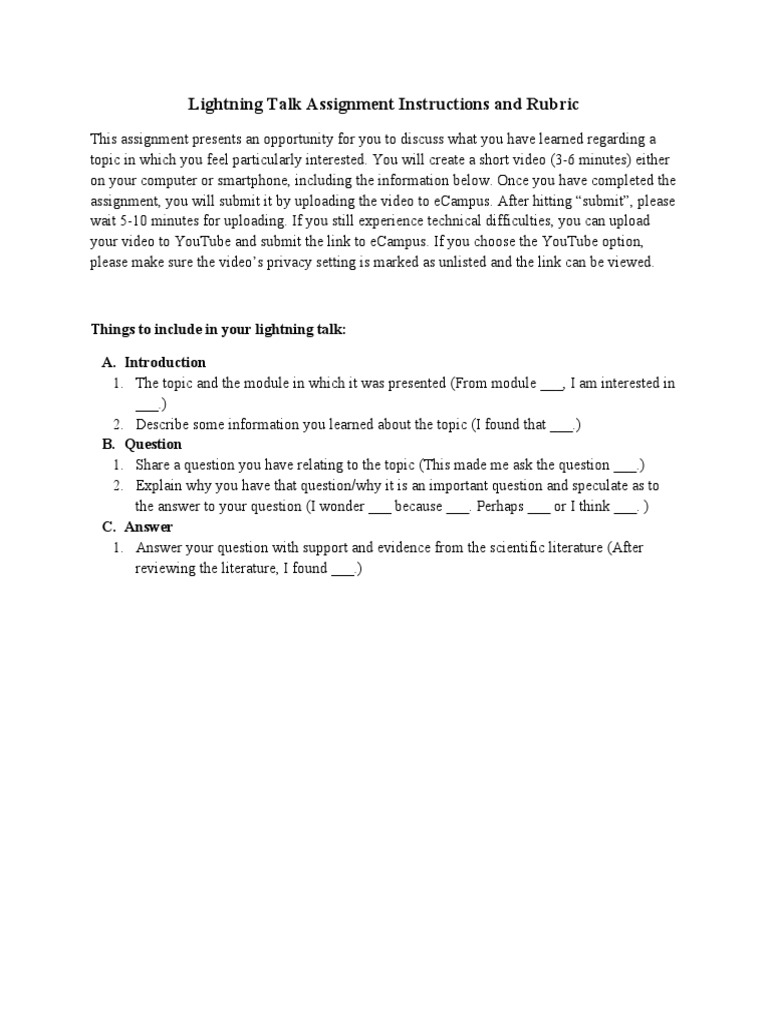 Lightning Talk Assignment Instructions and Rubric | PDF | Question ...