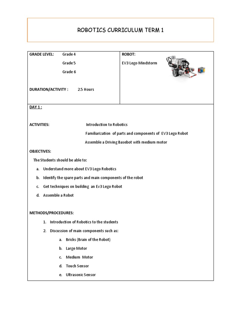 Robotics Curriculum Term 1: Grade Level: Grade 4 Robot | PDF ...