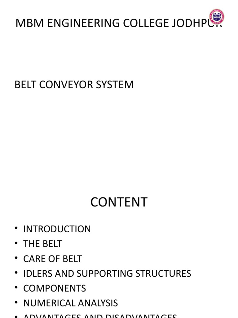 MBM Engineering College Jodhpur: Belt Conveyor System | PDF | Belt (Mechanical) | Mechanical ...