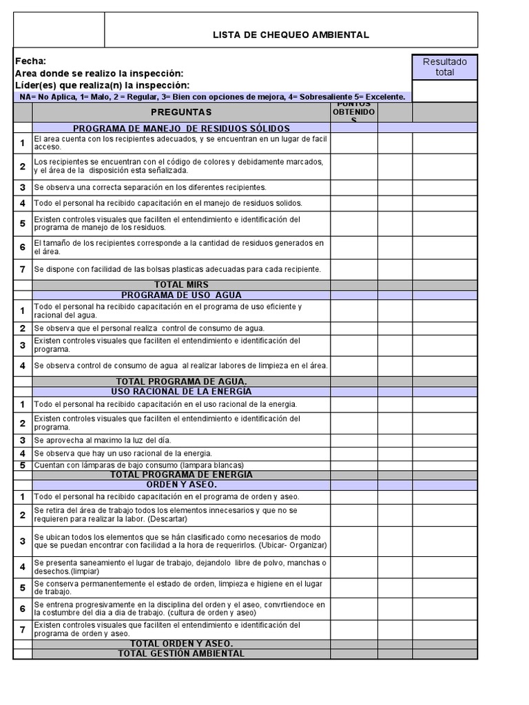 Lista de Chequeo Ambiental y Manejo de Residuos | PDF | Residuos | Higiene