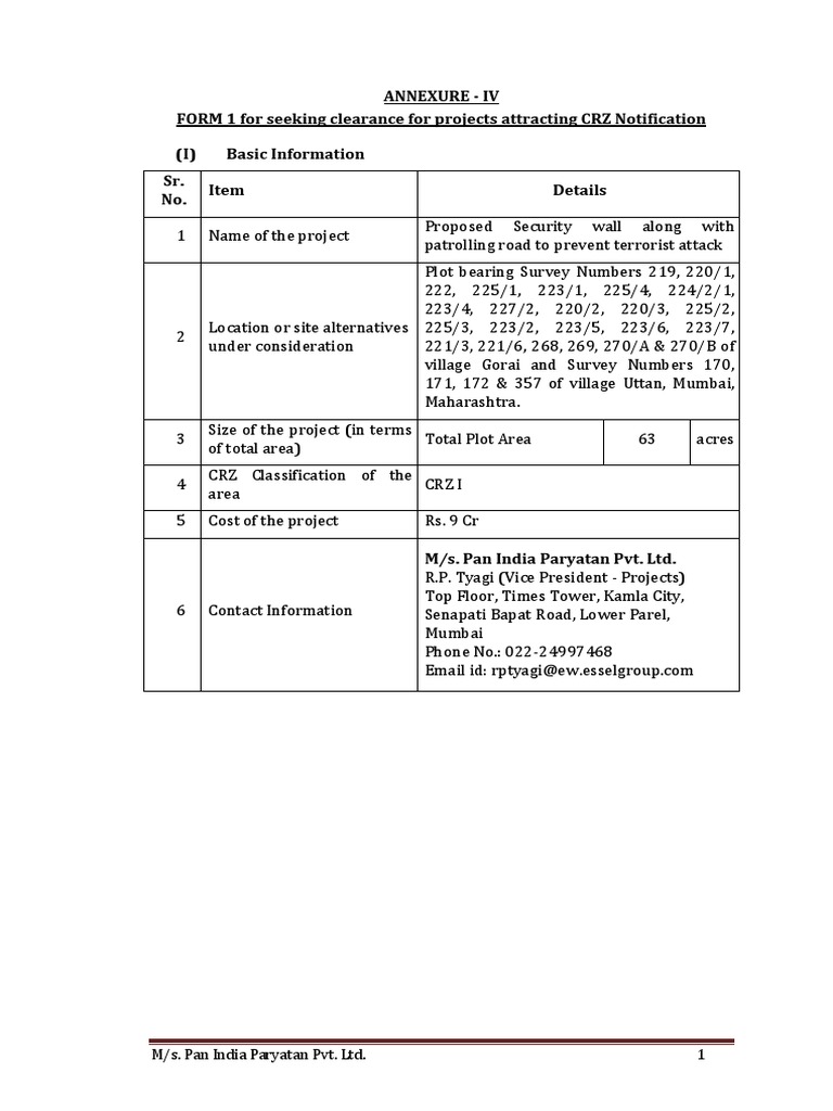 Annexure Iv FORM 1 For Seeking Clearance For Projects Attracting CRZ ...