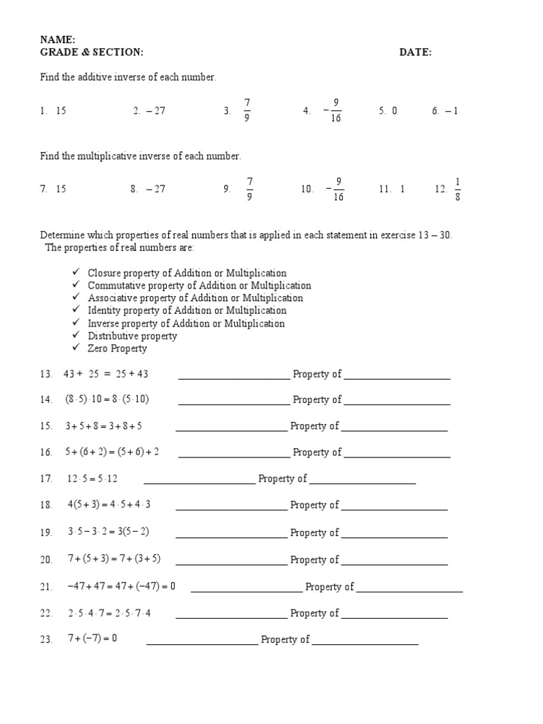 Properties of Real Numbers Worksheet | PDF | Multiplication | Abstract ...