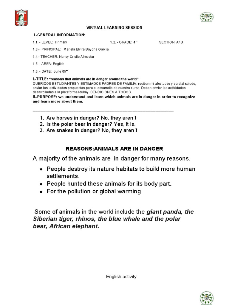Animals in Danger: 4th Grade Activity | PDF