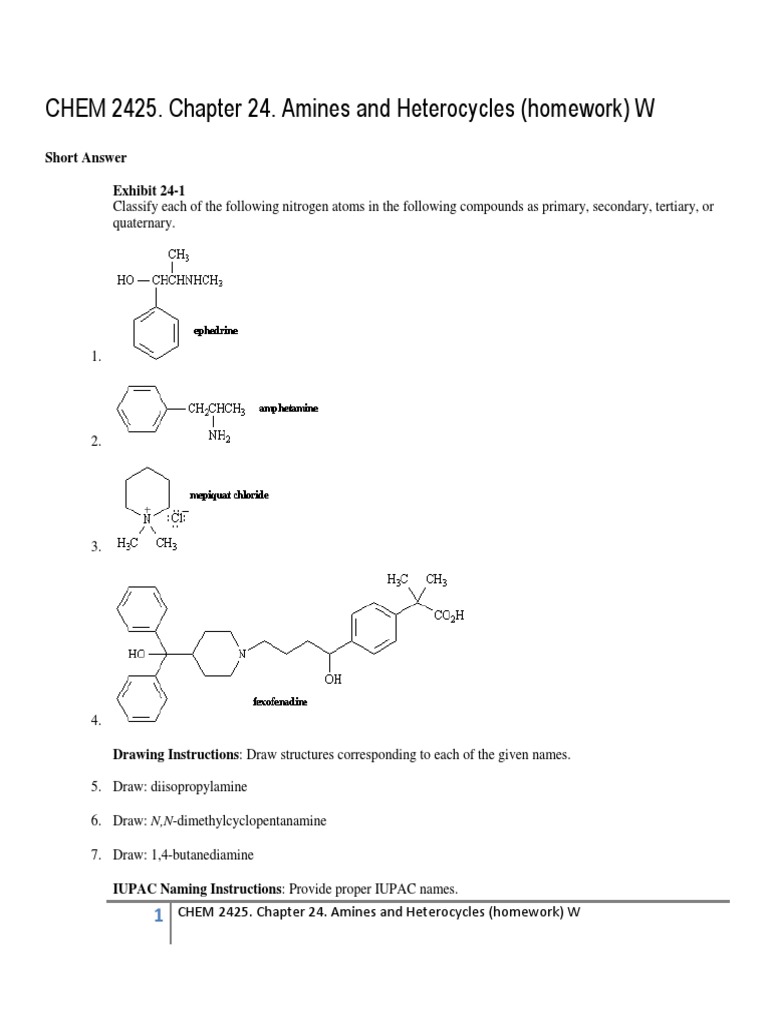 CHEM 2425. Chapter 24. Amines and Heterocycles - Homework - W PDF | PDF | Amine | Acid ...
