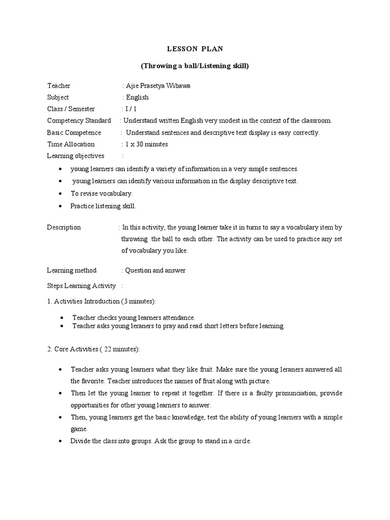 Lesson Plan (Throwing A Ball/listening Skill) | Download Free PDF ...