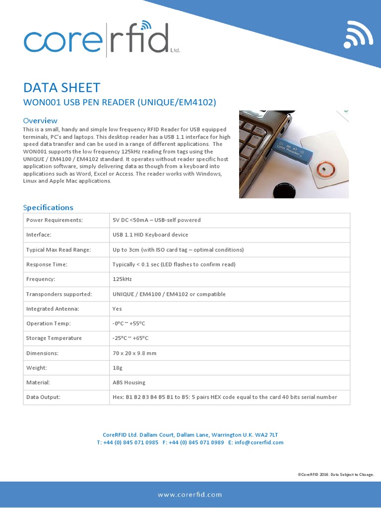 Data Sheet: Won001 Usb Pen Reader (Unique/Em4102) | PDF