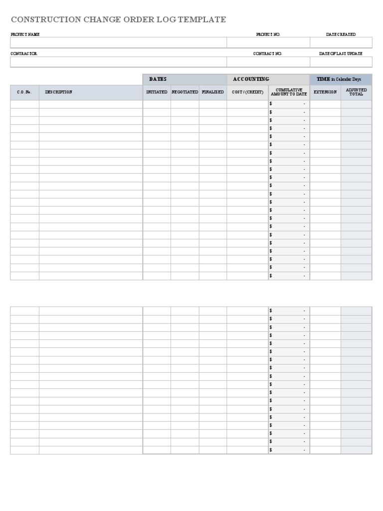 Construction Change Order Log Template: Dates Accounting Time ...