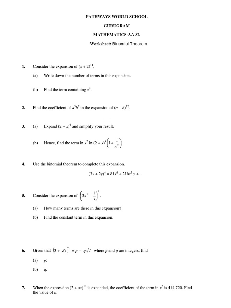 SL Binomial Theorem Problems | PDF