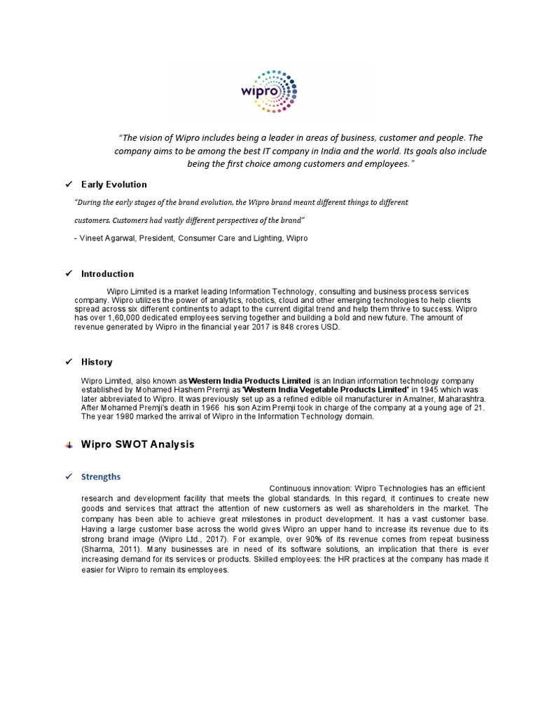 Early Evolution: Wipro SWOT Analysis | PDF | Business Economics | Business