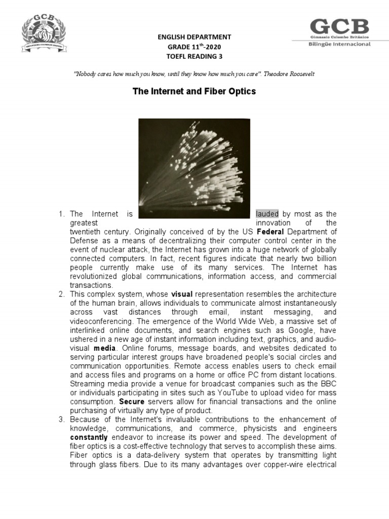 The Internet and Fiber Optics: English Department Grade 11 - 2020 Toefl ...