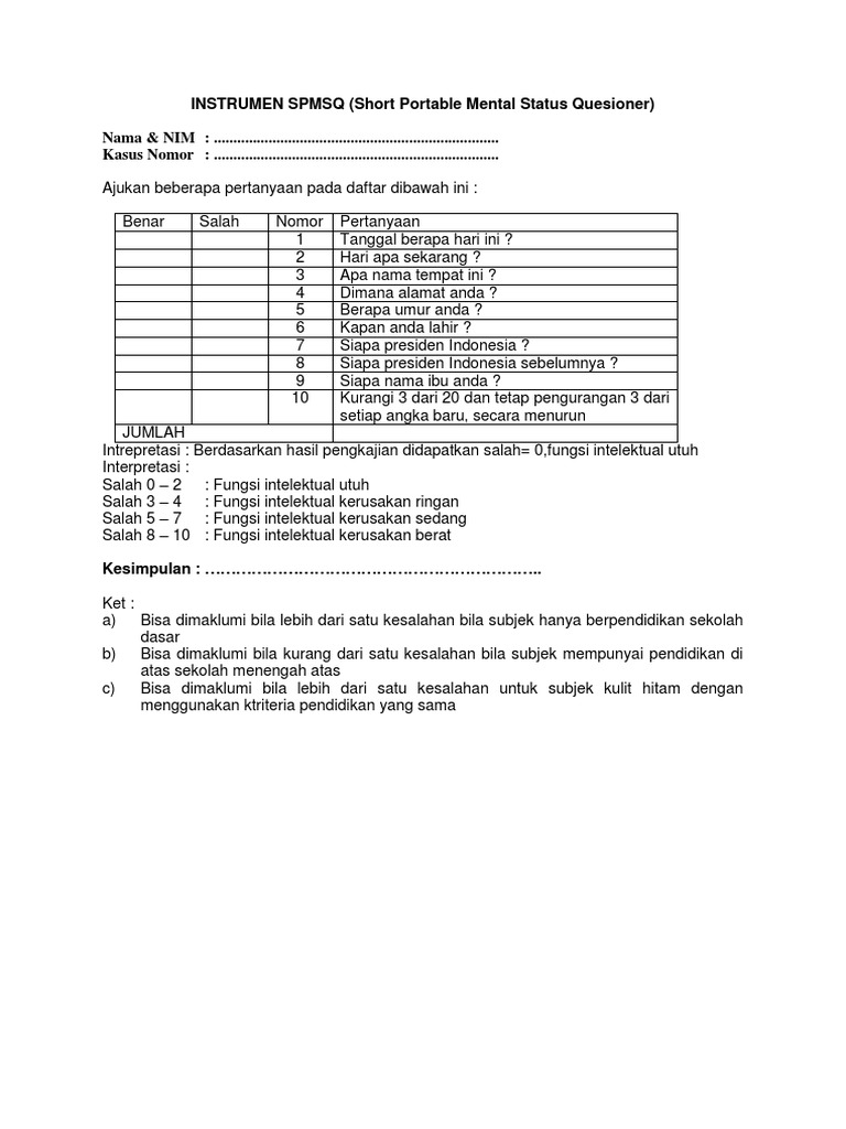 Penggunaan SPMSQ untuk Pengukuran Kognitif | PDF | Karier & Perkembangan