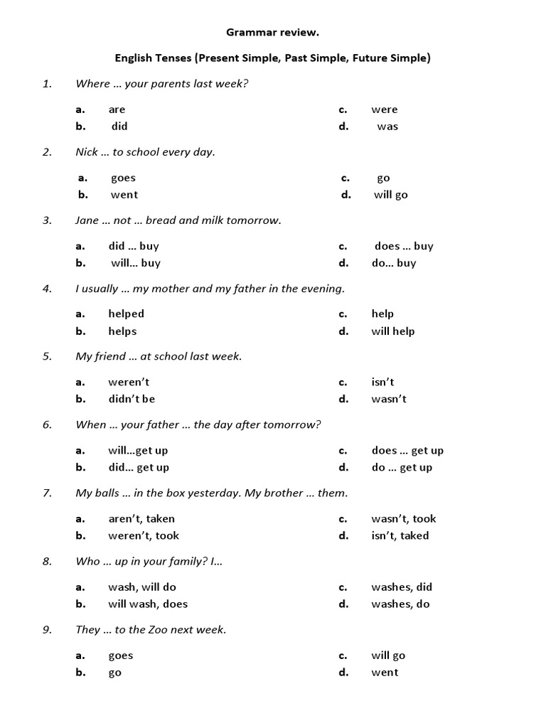 Grammar Review. English Tenses (Present Simple, Past Simple, Future ...