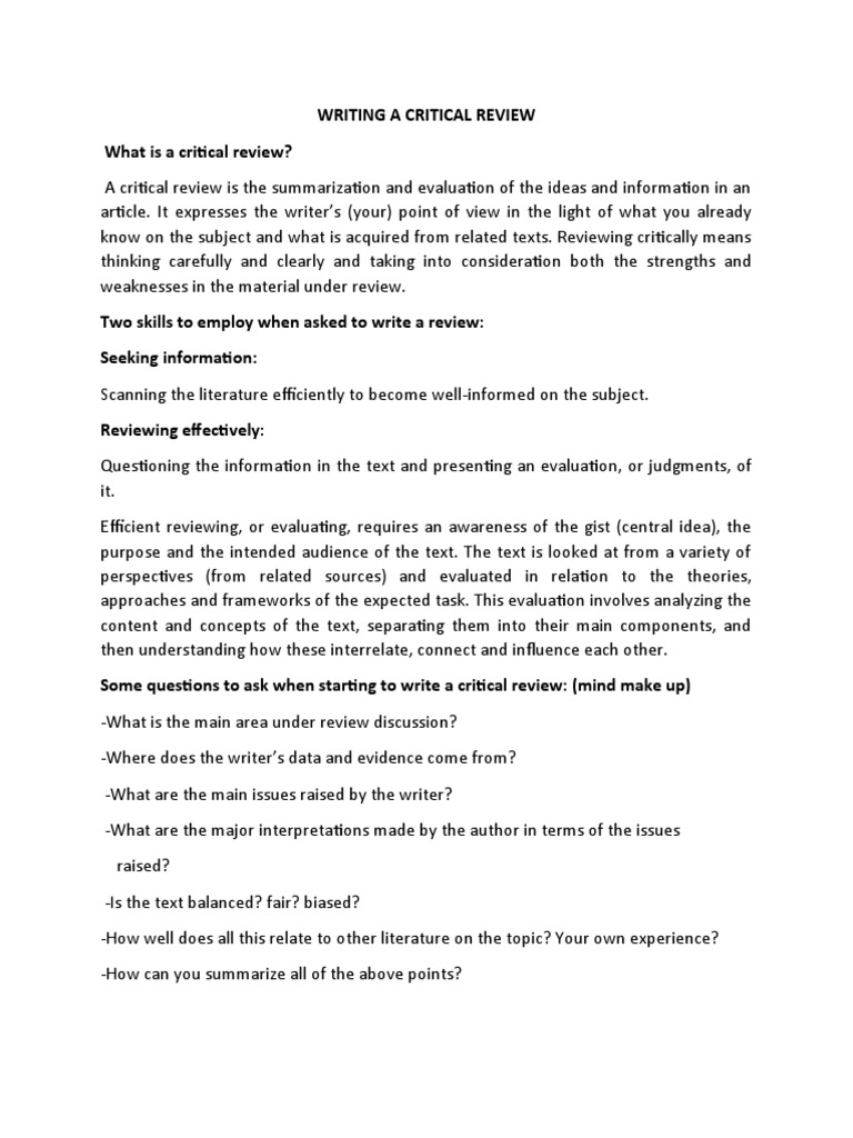 Writing A Critical Review What Is A Critical Review? | PDF