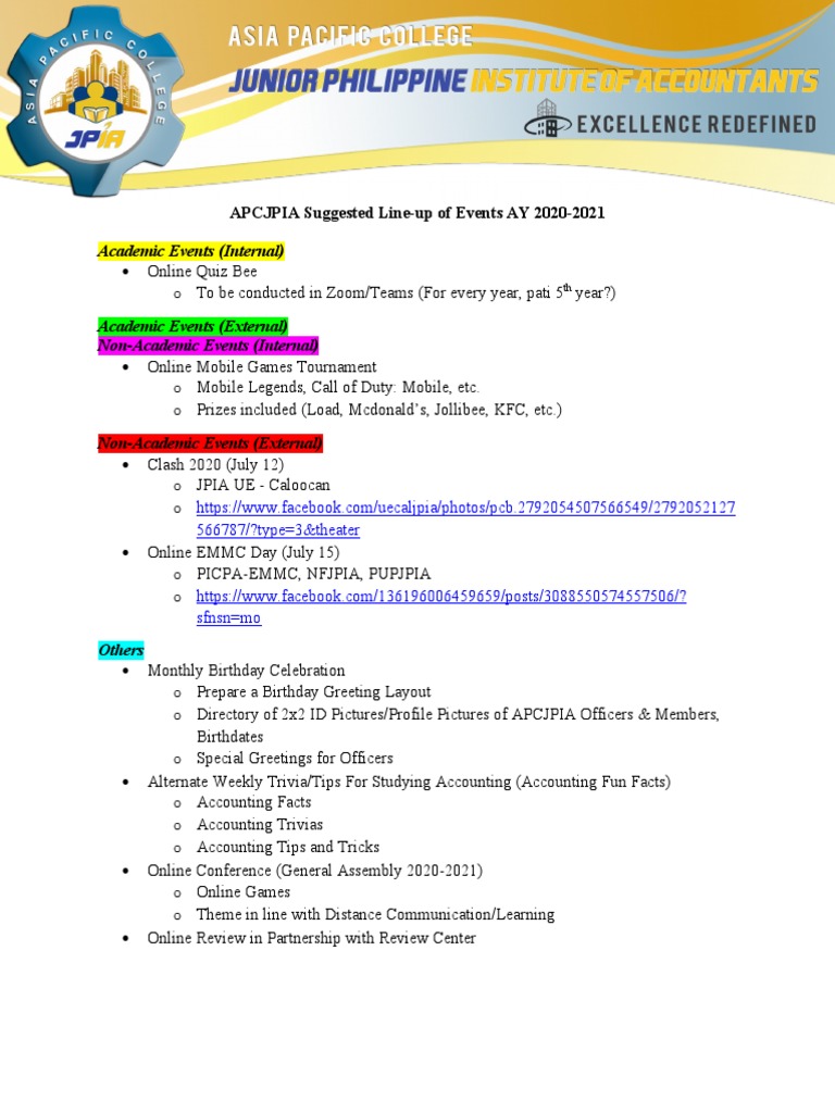 Suggested Line Up of Events Term1 AY2020 2021 | PDF | Communication ...