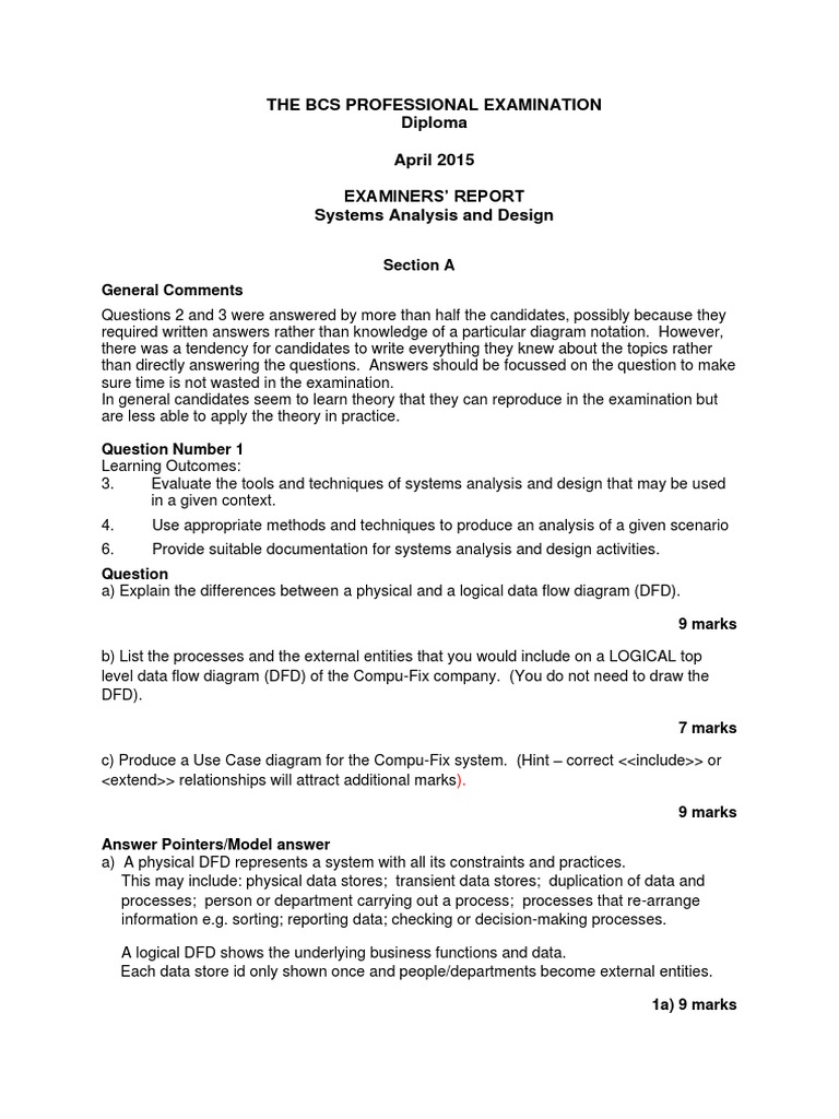 The Bcs Professional Examination Diploma April 2015 Examiners' Report Systems Analysis and ...