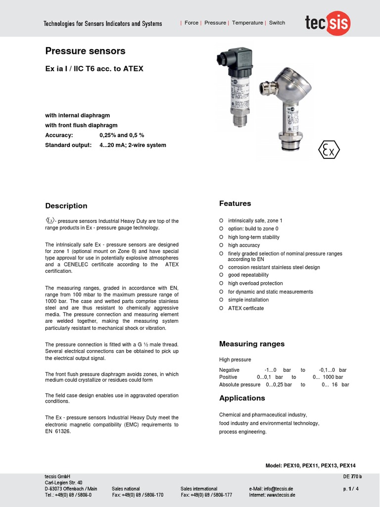 Pressure Sensors: Ex Ia I / IIC T6 Acc. To ATEX | PDF | Pressure ...