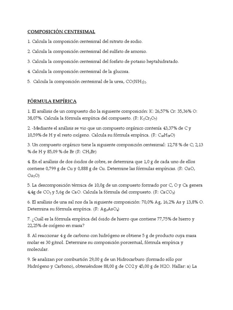 Cálculo de Composición Centesimal y Fórmulas | PDF | Compuestos ...
