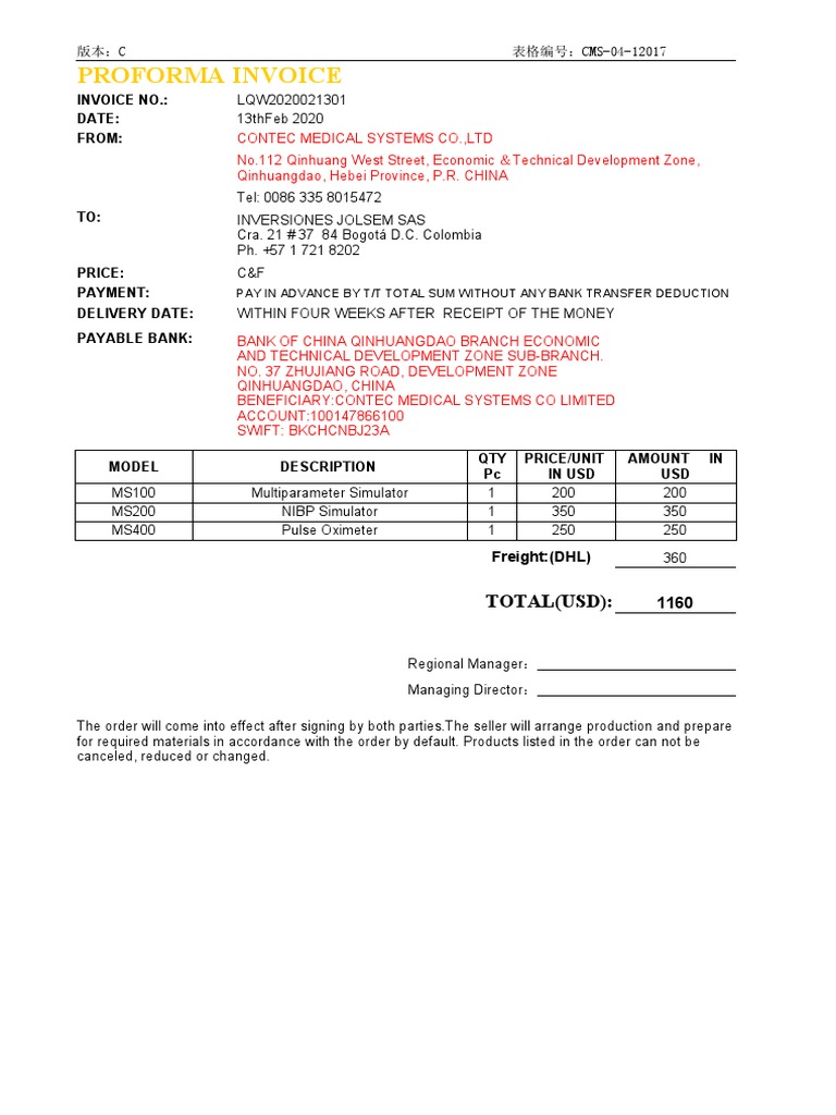 Proforma Invoice for Medical Equipment | PDF | Technology & Engineering