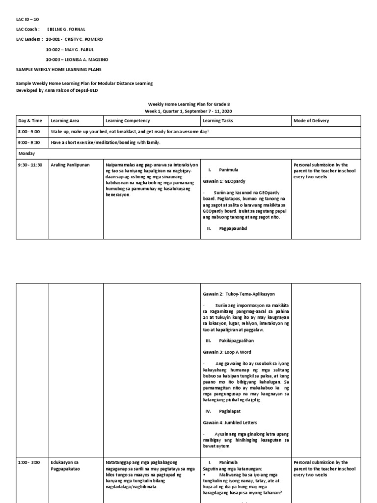 Sample Weekly Home Learning Plans 2 | PDF