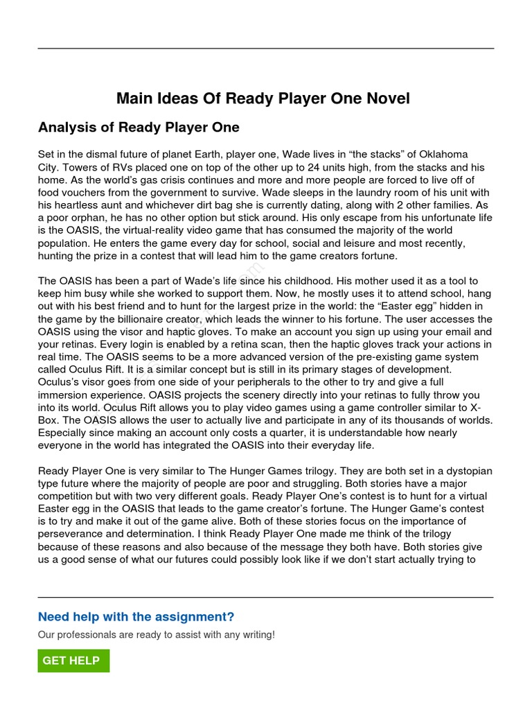 Main Ideas of Ready Player One Novel | PDF