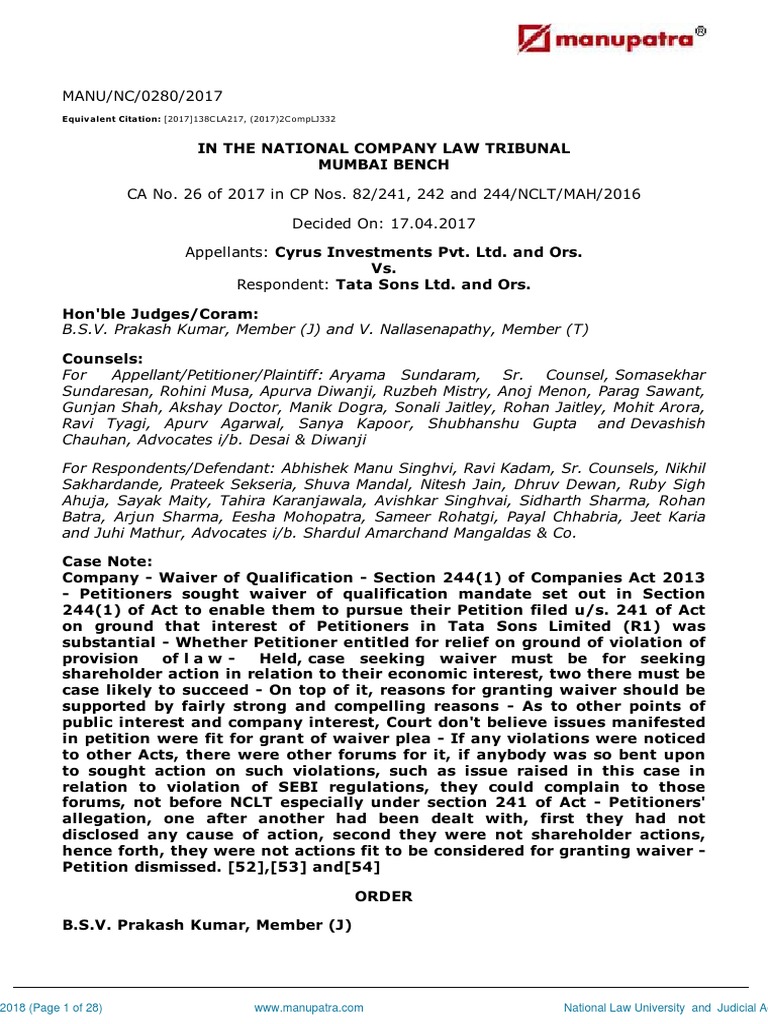 Cyrus Investments PVT LTD and Ors Vs Tata Sons LtdNC2017010517154735131COM12693 | PDF | Evidence ...