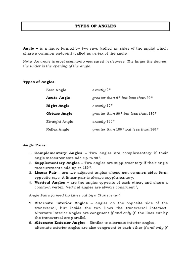 Types and Pairs of Angles in Geometry | PDF