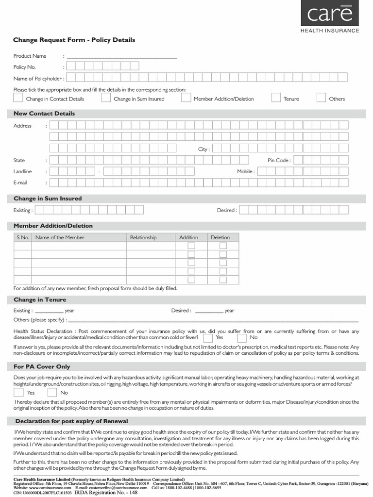 Policy Change Request Form | PDF | Insurance | Health Sciences
