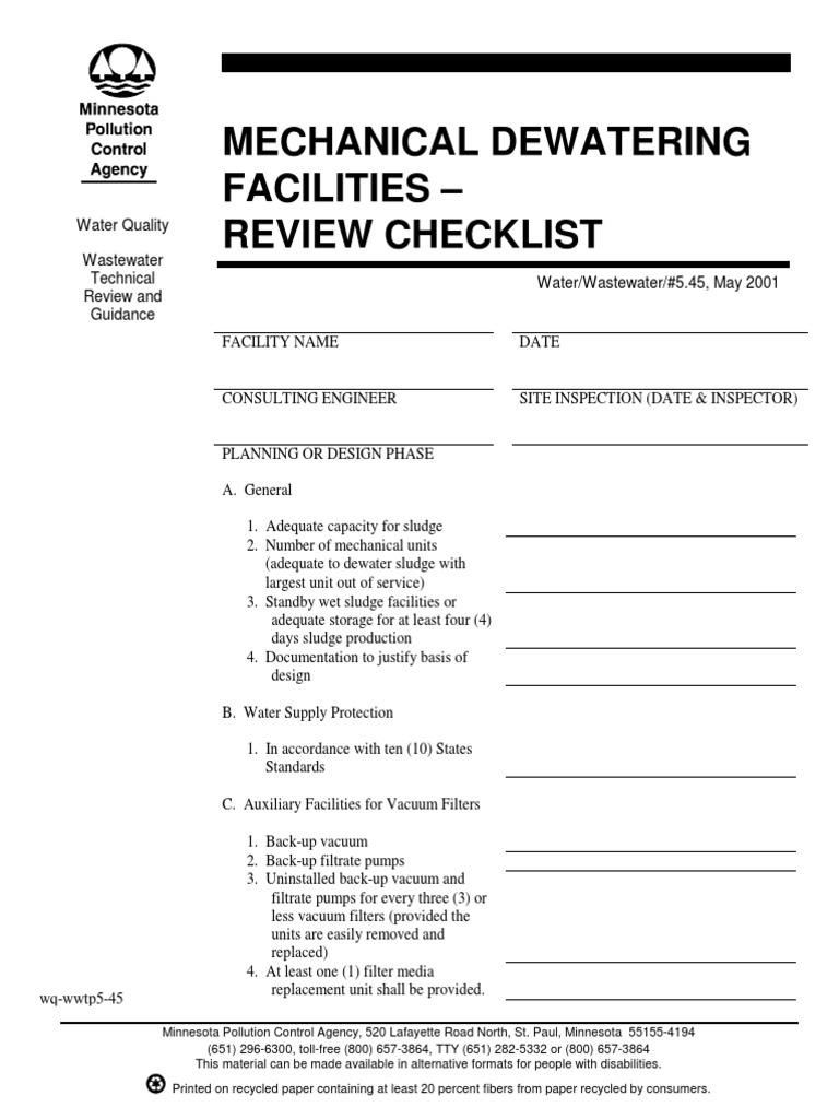 Mechanical Dewatering Facilities - Review Checklist | PDF | Sewage Treatment | Filtration