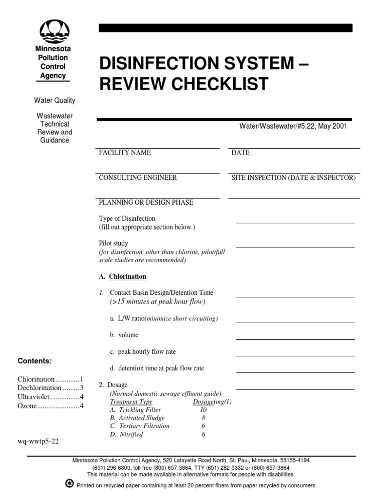 Disinfection System - Review Checklist: ( 15 Minutes at Peak Hour Flow ...