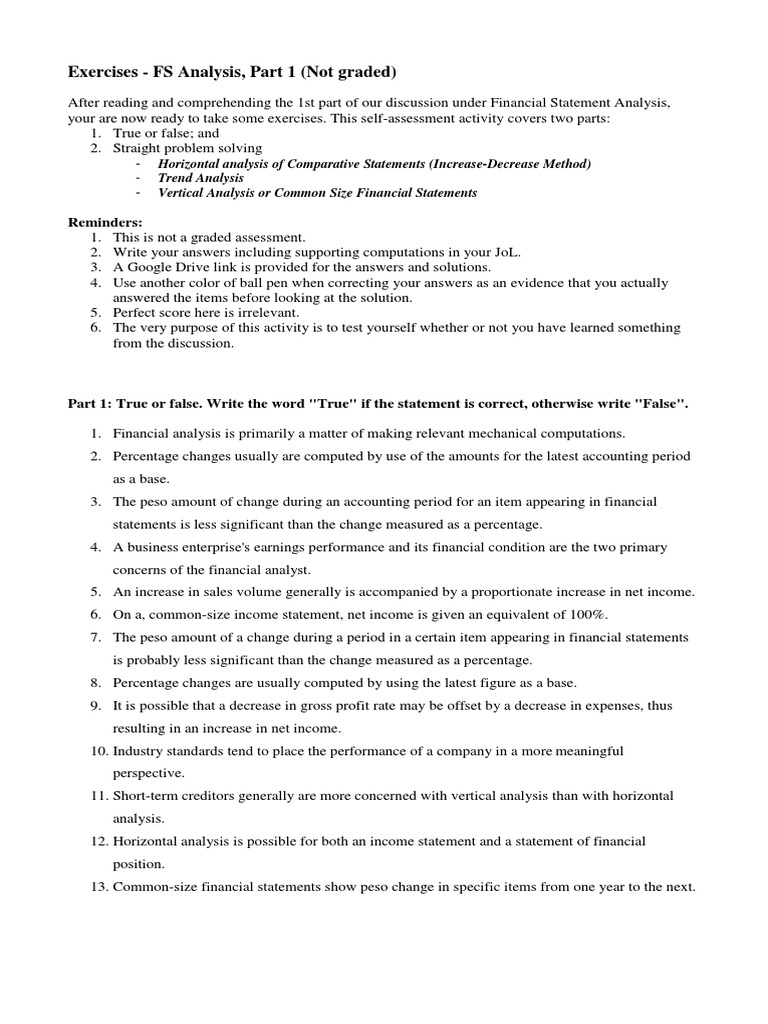 Financial Statements Analysis, Part 1 - Exercises | PDF | Financial ...